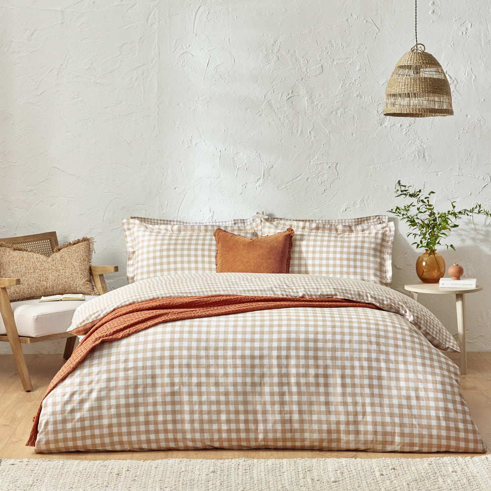 Barton Beige Gingham Check Duvet Cover Set | Biscuit Bedding | Yard
