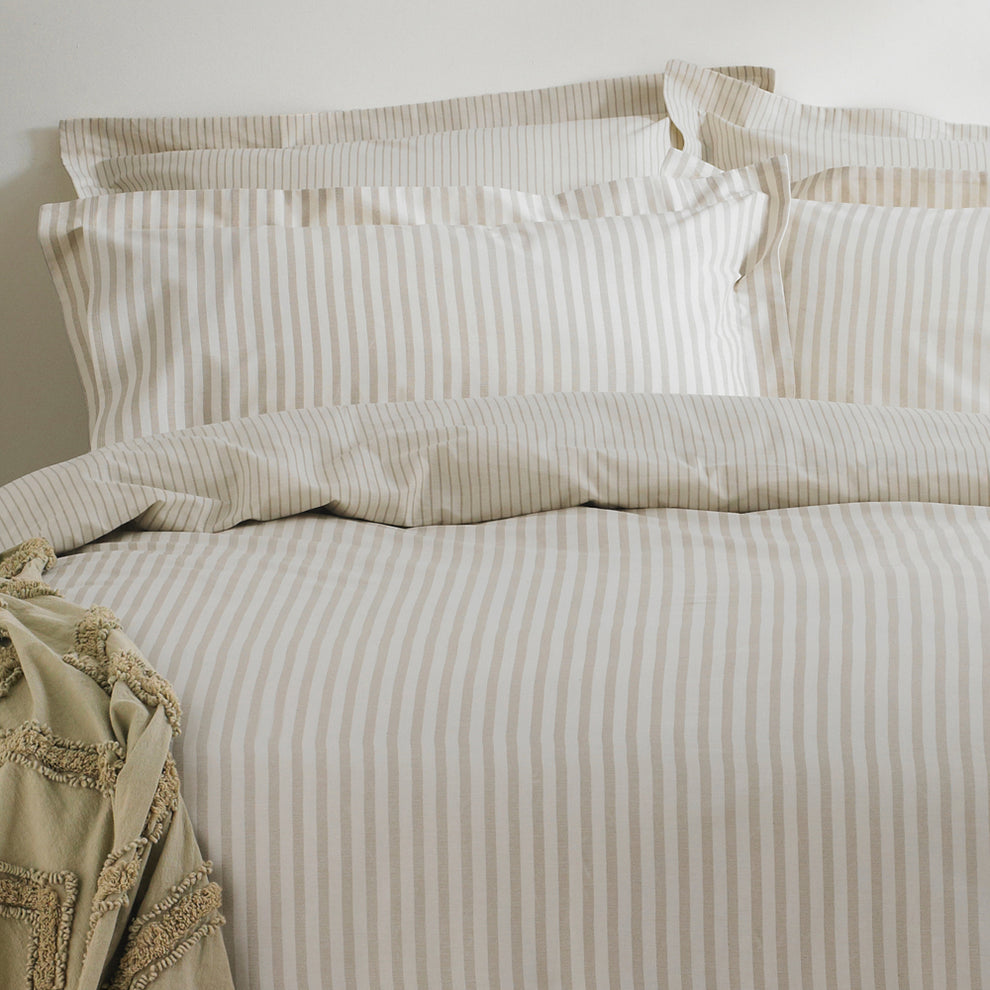 Hebden Beige Mélange Stripe 100% Cotton Duvet Cover Set | Natural ...
